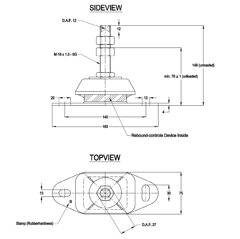 Motorstütze bis 140 kg Shore 55 Stich 140 M18 Stift - AB Marine Service